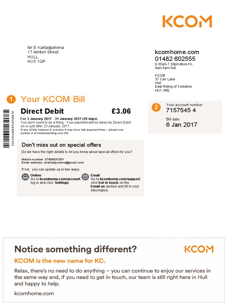 Your KCOM Bill: Direct Debit 3.06 | PDF | Debits And Credits | Payments