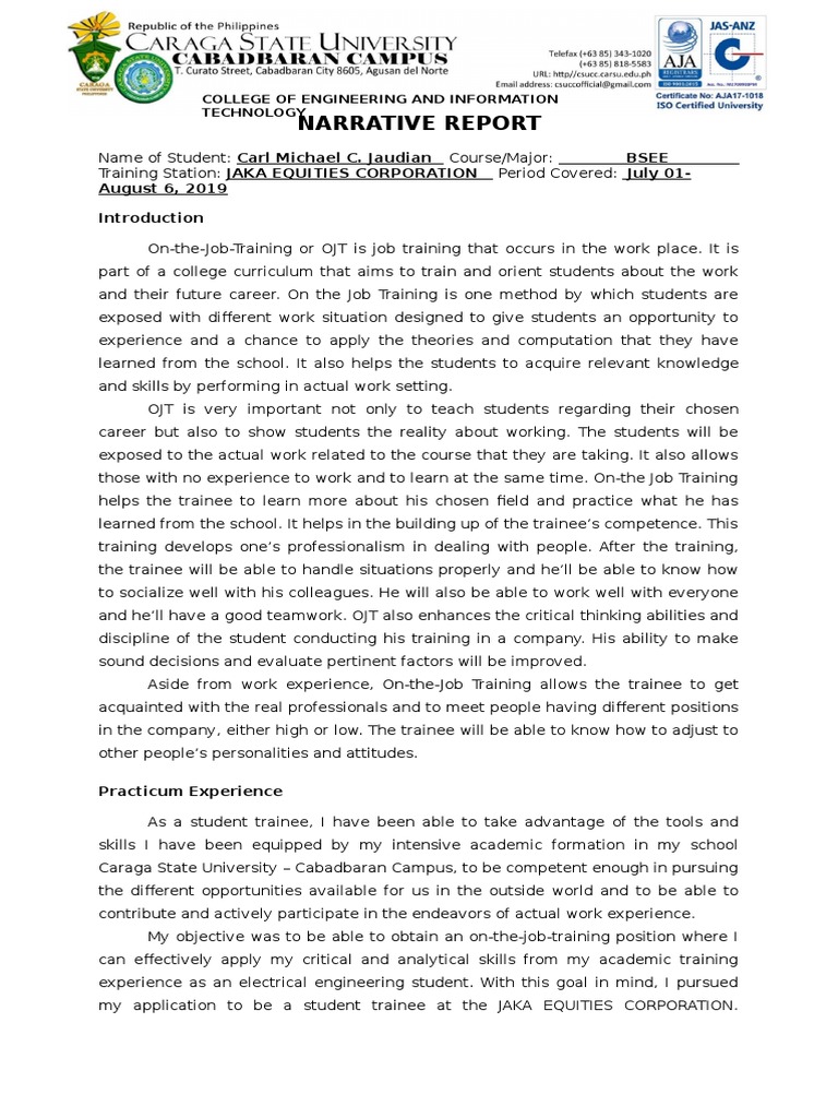 Narrative Report-OJT | PDF | Cognition | Psychological Concepts