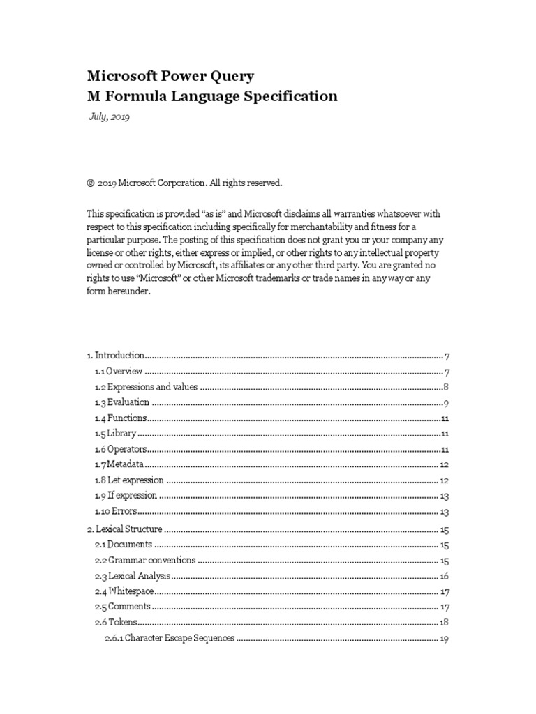 Power Query M Formula Language Specification July 2019 Pdf 3633