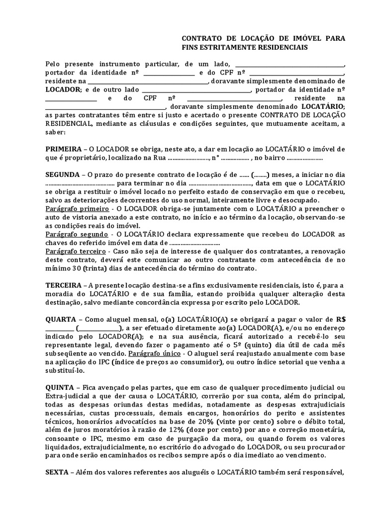 Modelo Contrato De Locação Residencial Sem Fiador Pdf Indenização