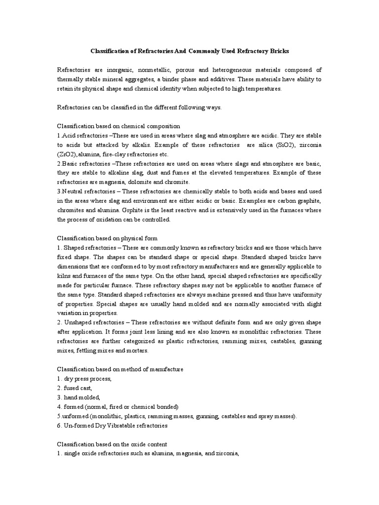 Classification of Refractories and Commonly Used Refractory Bricks ...
