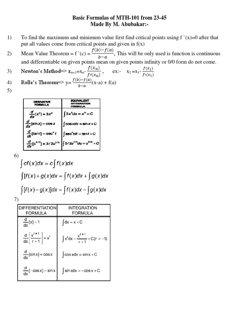 Basic Formulas of MTH | PDF