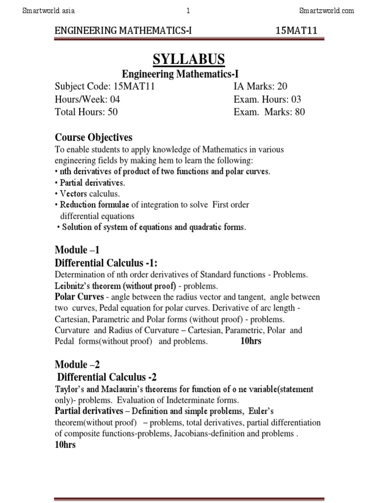 Engineering Mathematics I Syllabus | PDF | Differential Calculus ...