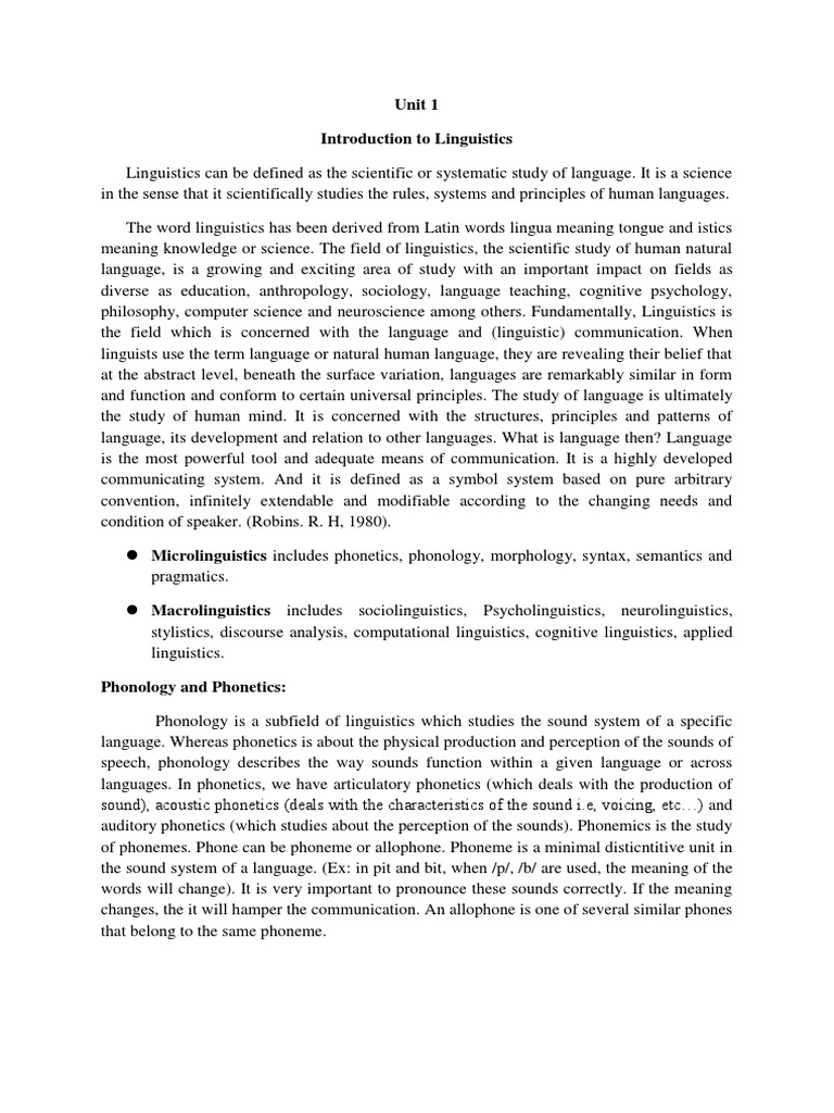 Unit 1 Introduction To Linguistics | PDF | Linguistics | Phonology