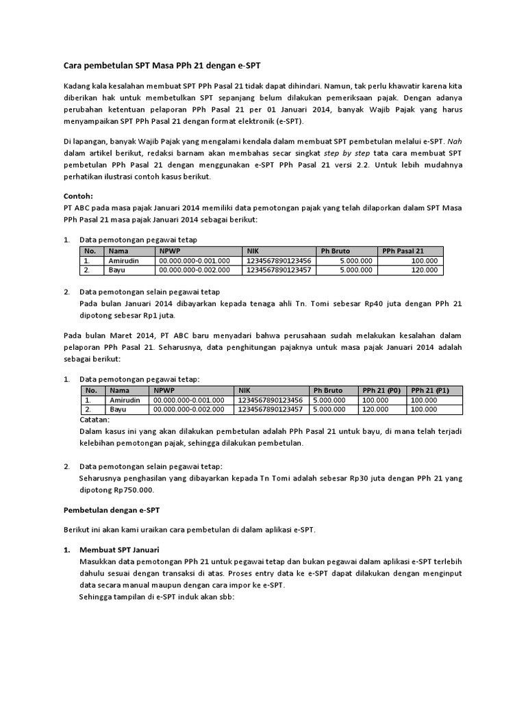 Cara Pembetulan SPT Masa PPH 21 Dengan Espt 1 | PDF