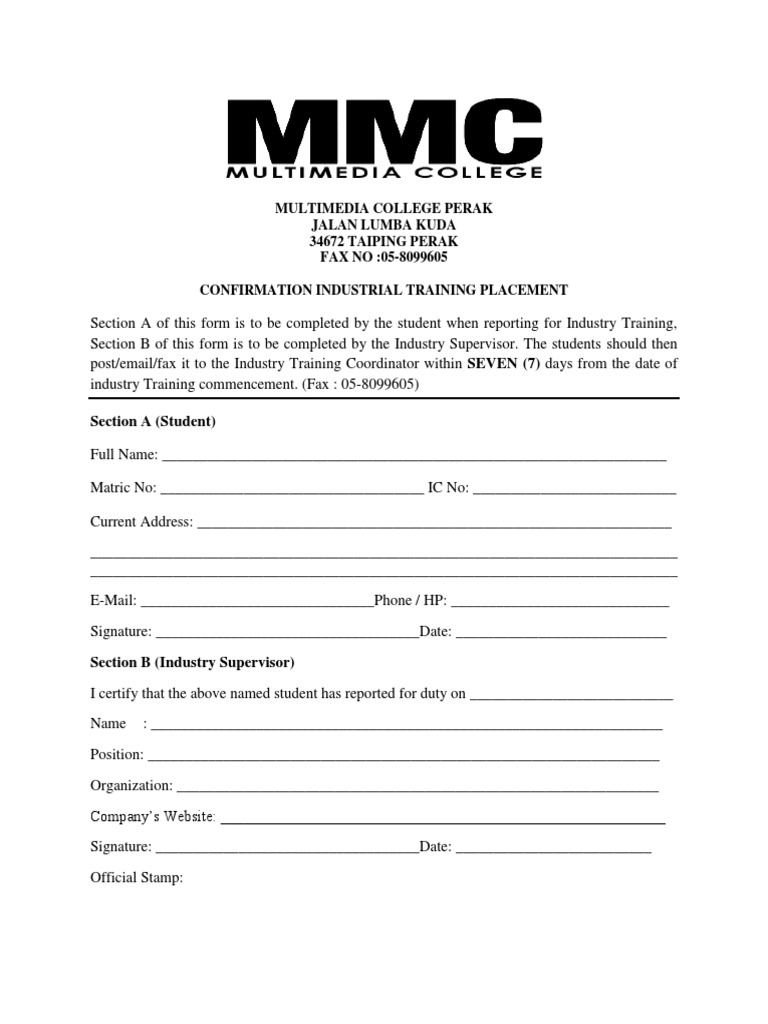 Industrial Training Confirmation Form | PDF