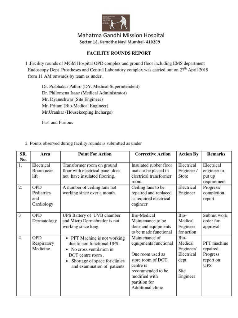 Mahatma Gandhi Mission Hospital: Facility Rounds Report | PDF ...