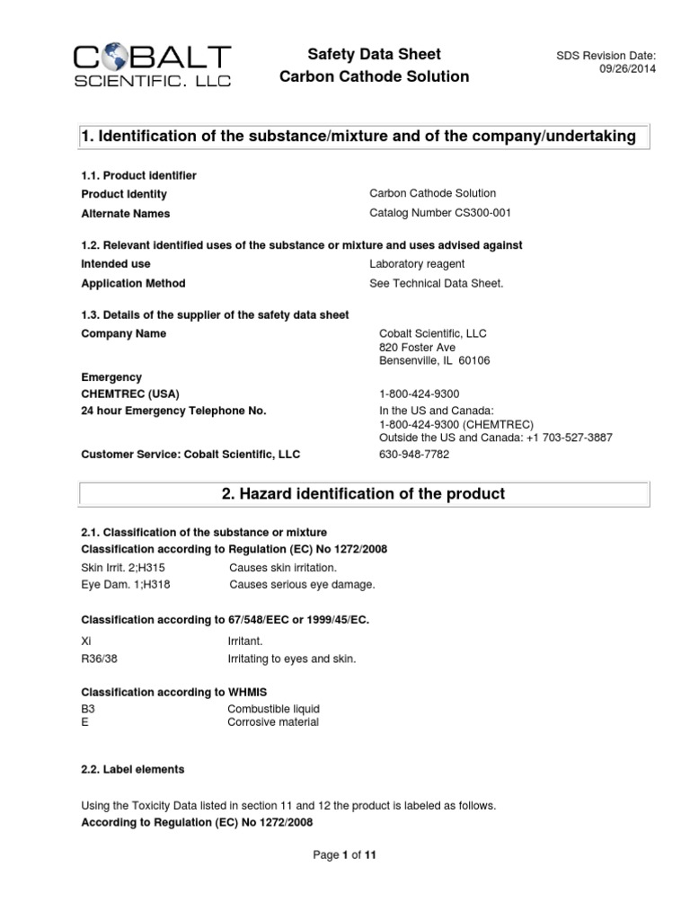 Safety Data Sheet Carbon Cathode Solution | PDF | Toxicity | Safety