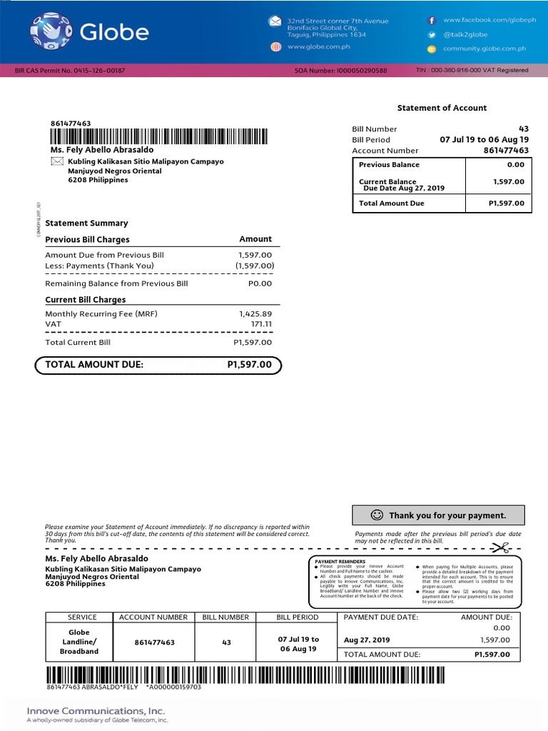 Statement of Account 43 07 Jul 19 To 06 Aug 19 861477463: Bill Number ...