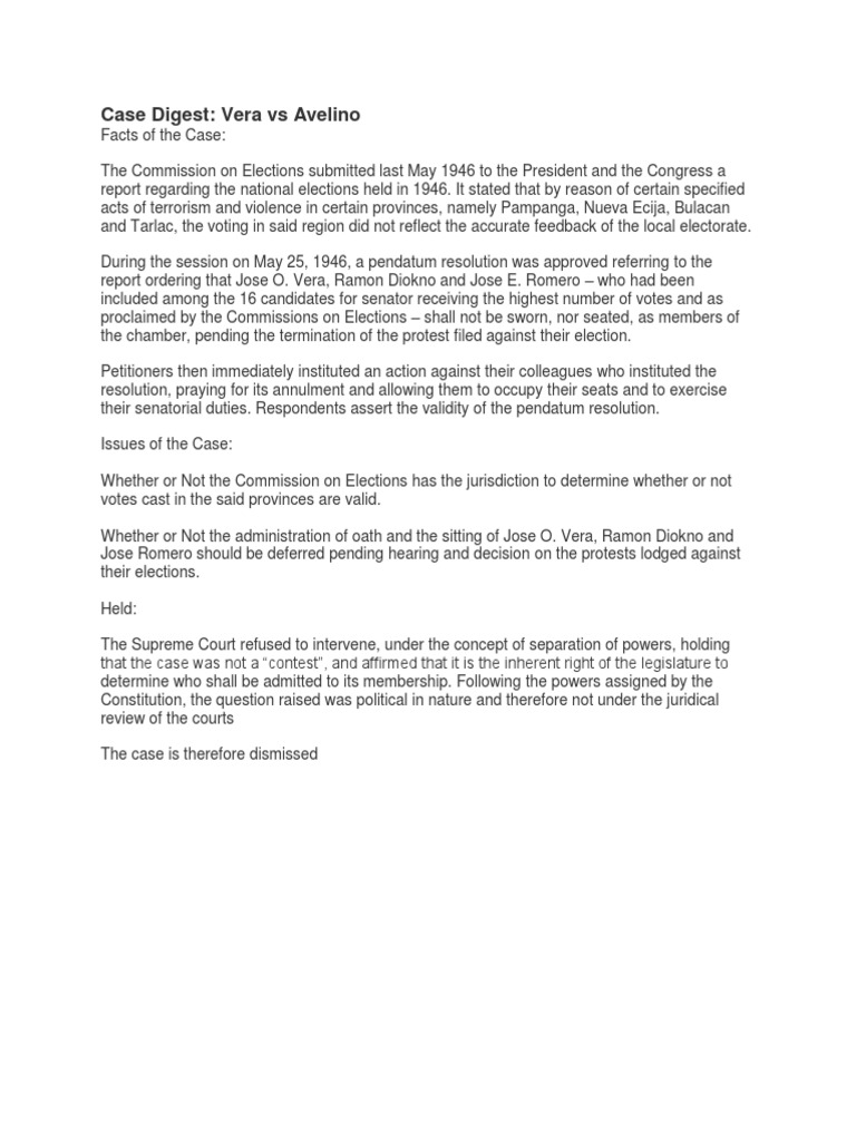 Case Digest: Vera Vs Avelino | PDF | Politics | Social Science