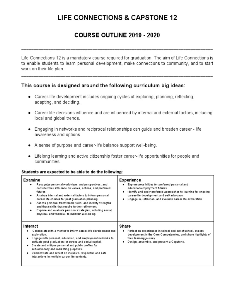 Life Connections Course Outline For Students 2019 - 2020 | PDF ...