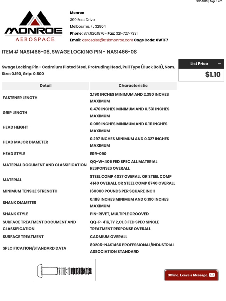 NAS1466 08 SwageLockingPin NAS1466 08 PDF | PDF | Screw
