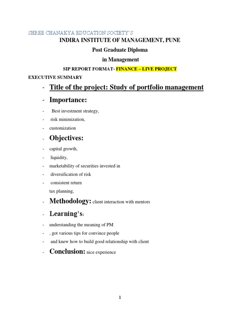 Format - SIP Progress Report Samiksha | PDF | Modern Portfolio Theory | Investment Management