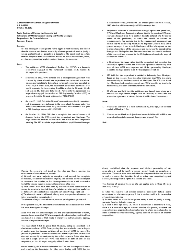 Stockholders of Guanzon V Register of Deeds | PDF | Piercing The ...