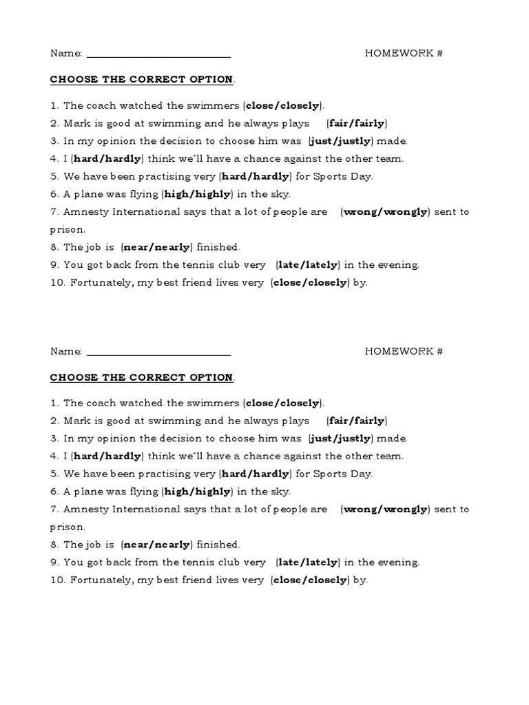 Choosing the Correct Option: A Homework Assignment on Adverbs | PDF