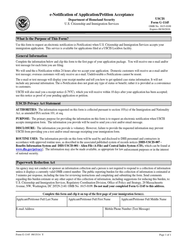 USCIS Form G-1145: E-Notification Request | PDF | United States ...