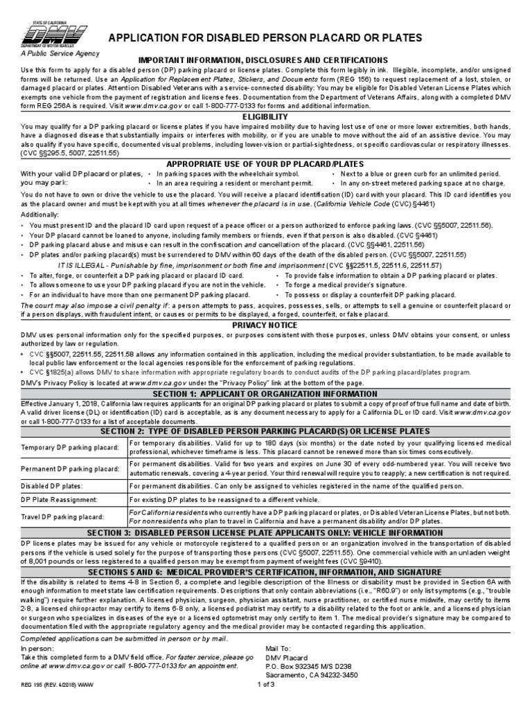 REG 195, Application For Disabled Person Placard or Plates | PDF ...