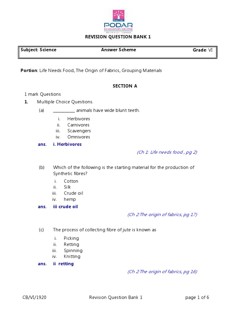 Class 6 Science Revision Question Bank | PDF | Silk | Textiles