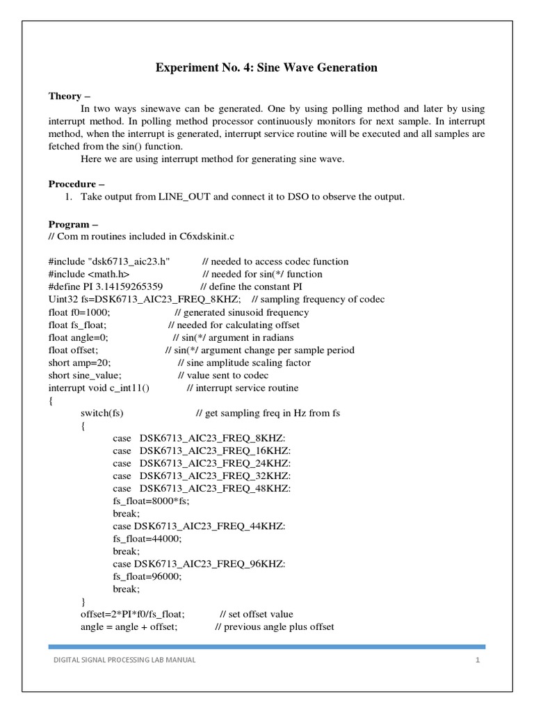 Experiment No. 4: Sine Wave Generation: Theory | PDF | Sine | Sine Wave
