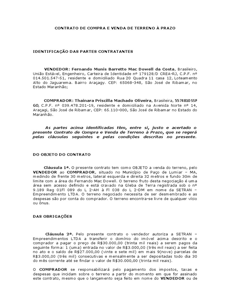 CONTRATO DE COMPRA E VENDA DE TERRENO À PRAZO.doc | Economias | Governo