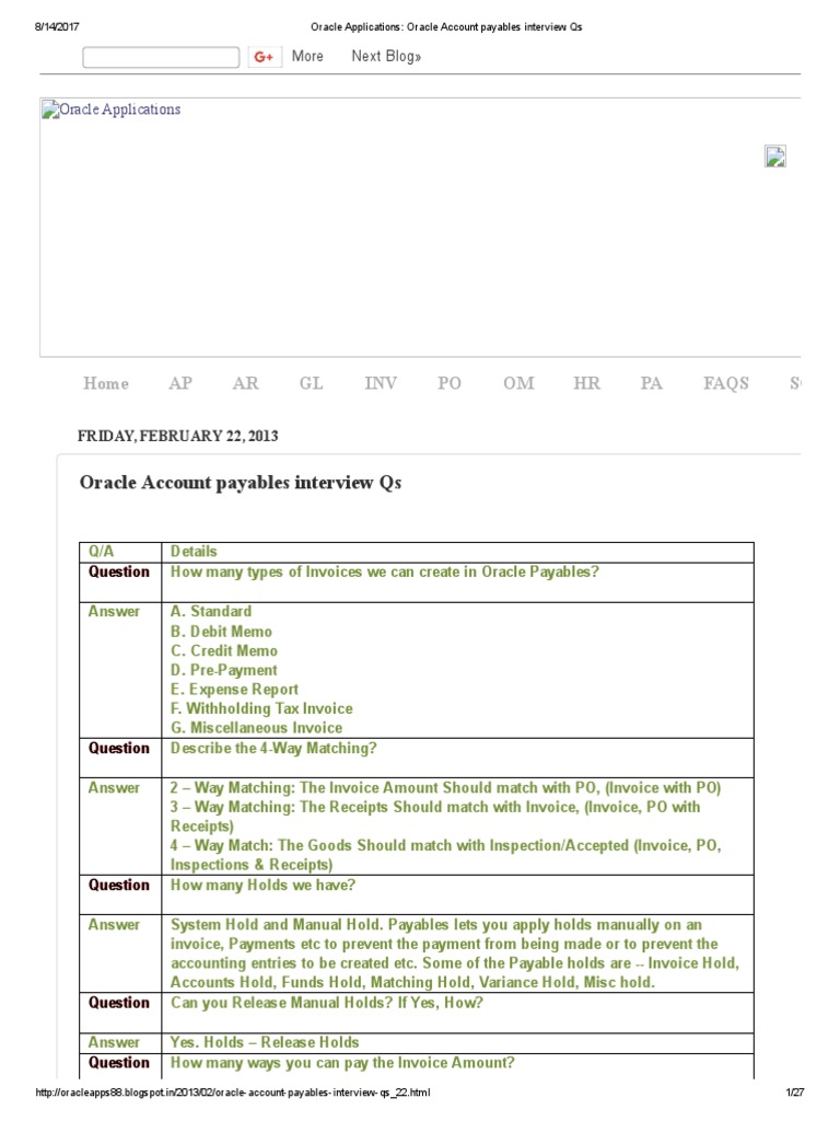 Oracle Account Payables Interview Qs PDF | PDF | Accounts Payable | Invoice