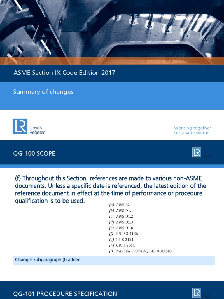 ASME Section IX Code Edition 2017 Summary of Changes: Working Together ...