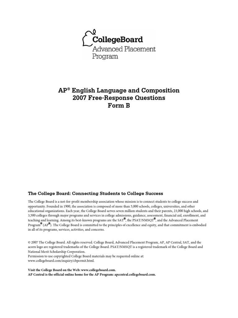 AP English Language and Composition 2007 Free-Response Questions Form B ...