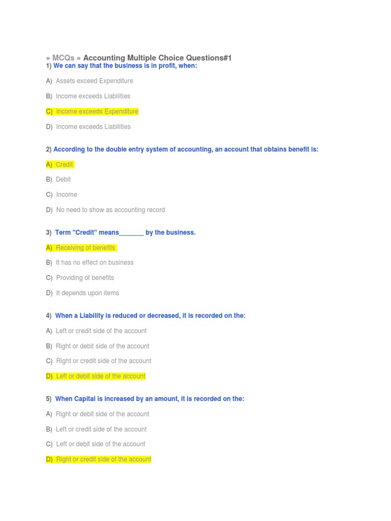 Accounting Multiple Choice Questions#1: A) B) C) D) | PDF | Debits And ...