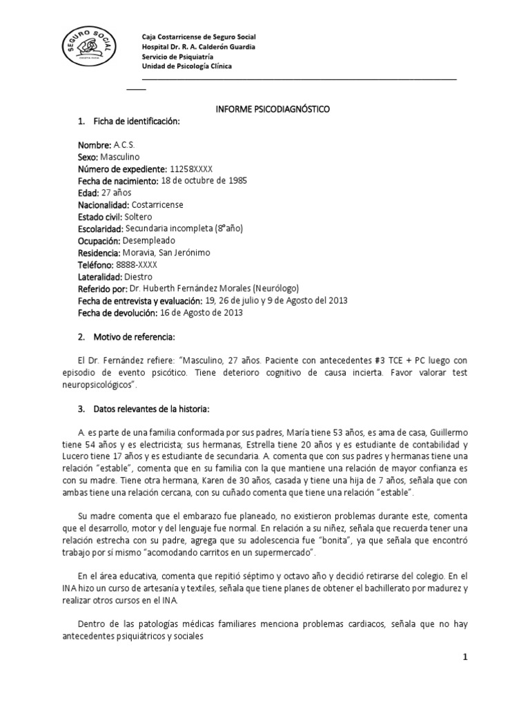 Ejem 1 - Informe Psicodiagnóstico | PDF | Escala de inteligencia para adultos de Wechsler ...