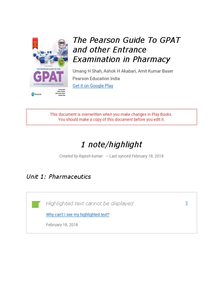 Notes From "The Pearson Guide To GPAT and Other Entrance Examination in ...