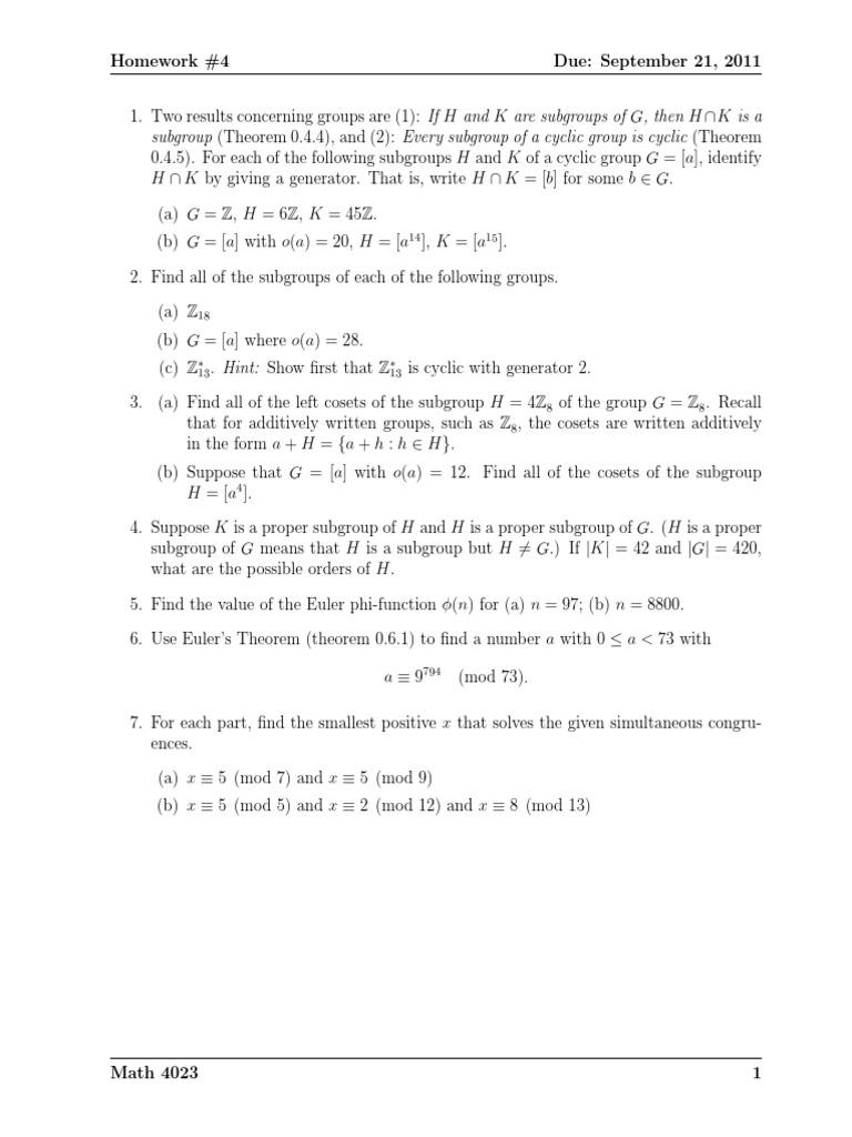 Analysis of Subgroups, Cosets, and Euler's Theorem in Cyclic Groups | PDF | Group (Mathematics ...