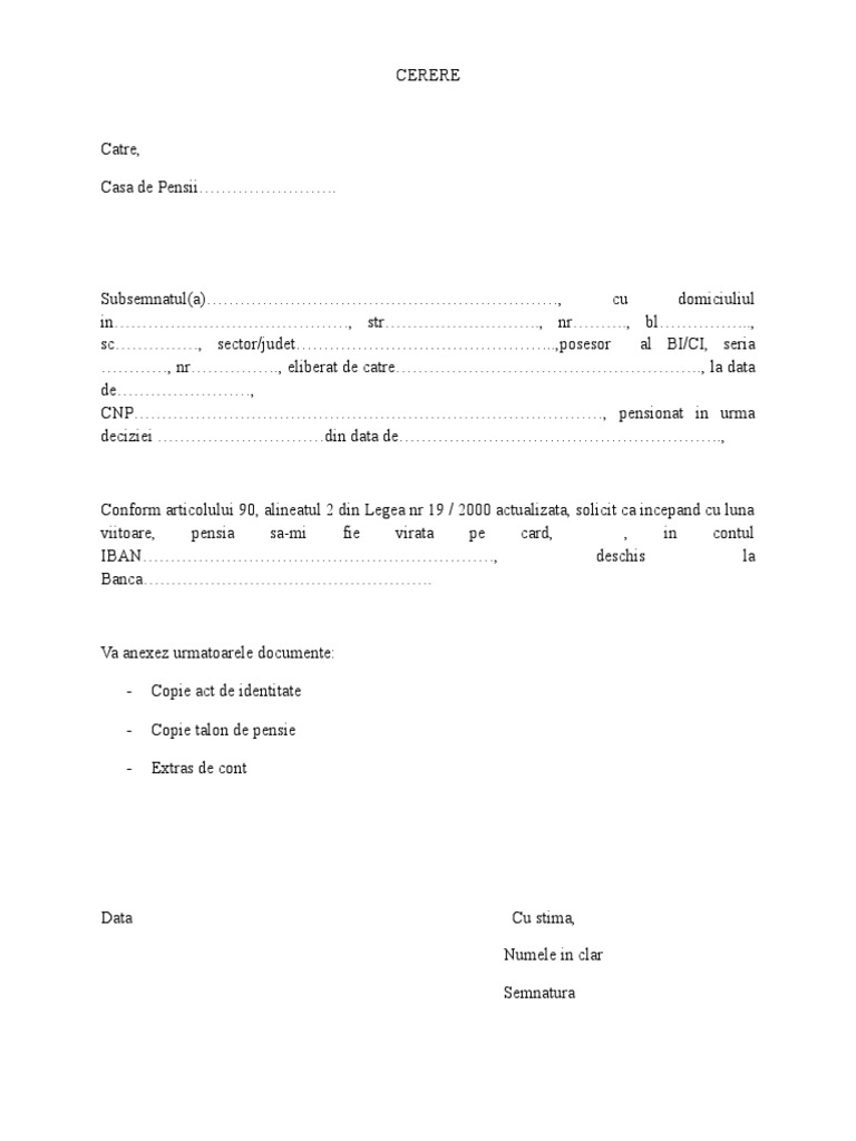Cerere Primire Pensie Pe Card | PDF