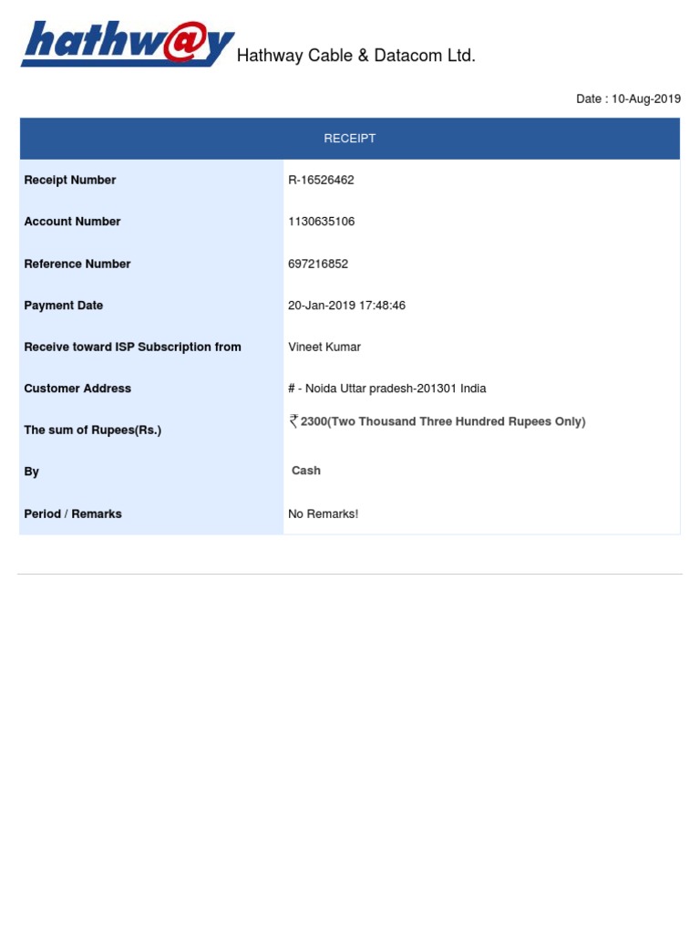 Hathway Cable & Datacom LTD.: Receipt Number | PDF | Finance & Money ...
