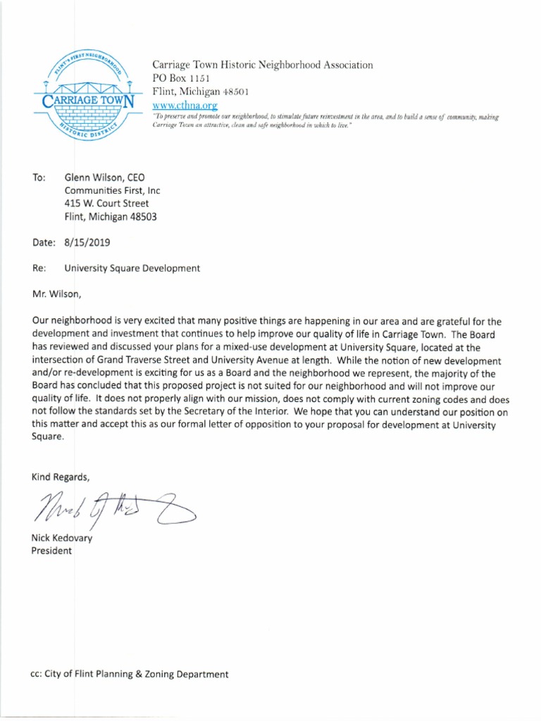 Letter of Disapproval by Carriage Town Historic Neighborhood Association