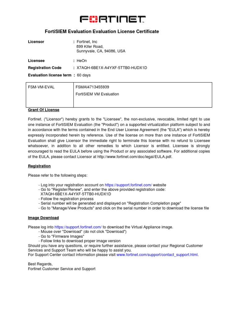 Fortisiem Evaluation Evaluation License Certificate: Licensor: Fortinet ...