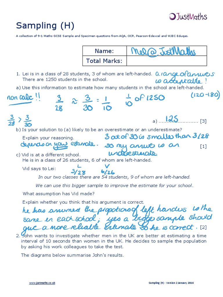 Statistics H Sampling V2 Solutions Pdf Test Assessment