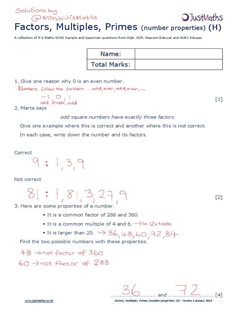 Number H Factors Multiples Primes Number Properties v2 SOLUTIONS | PDF ...