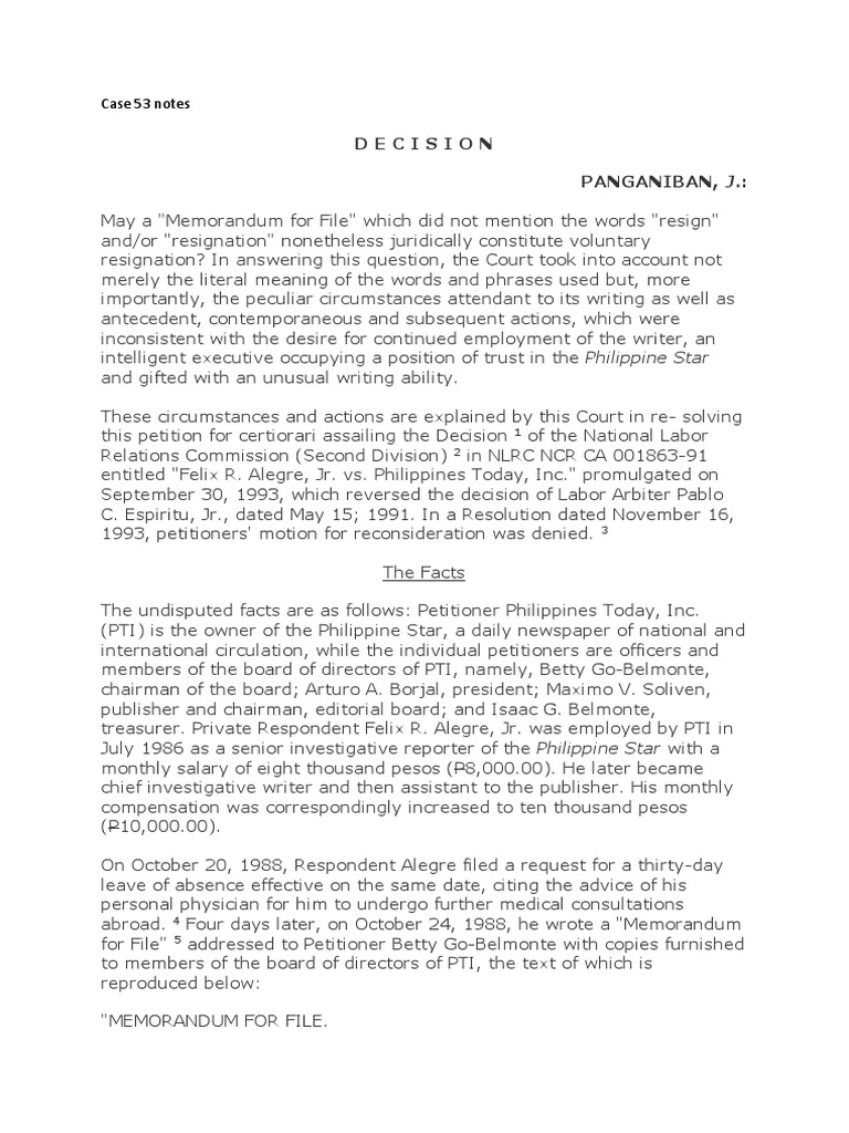 Case 53 Notes | PDF | Employment | Judgment (Law)