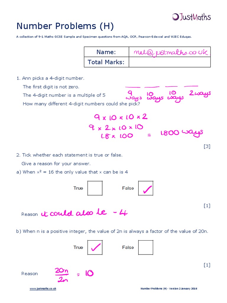 Number H Number Problems v2 Solutions | PDF | Qualifications | Test ...