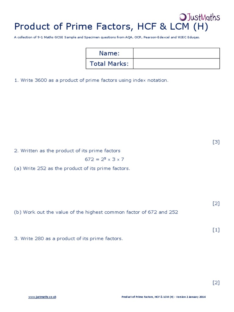 Number H Product of Prime Factors HCF LCM v2 | PDF | Student Assessment ...