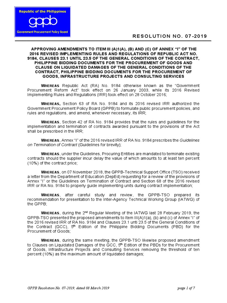 Gppb Resolution No. 07-2019 Liquidated Damages Revision | Damages | Liquidated Damages