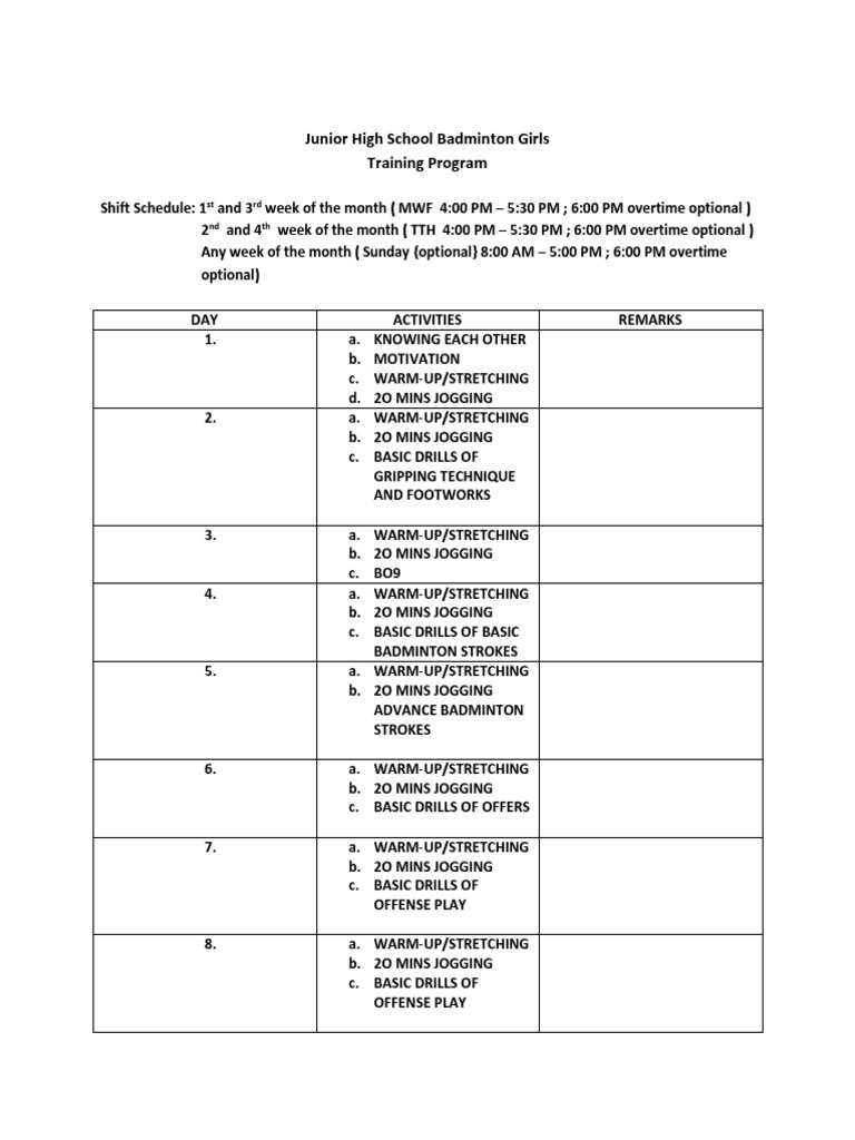 Badminton Training Program | PDF | Sports