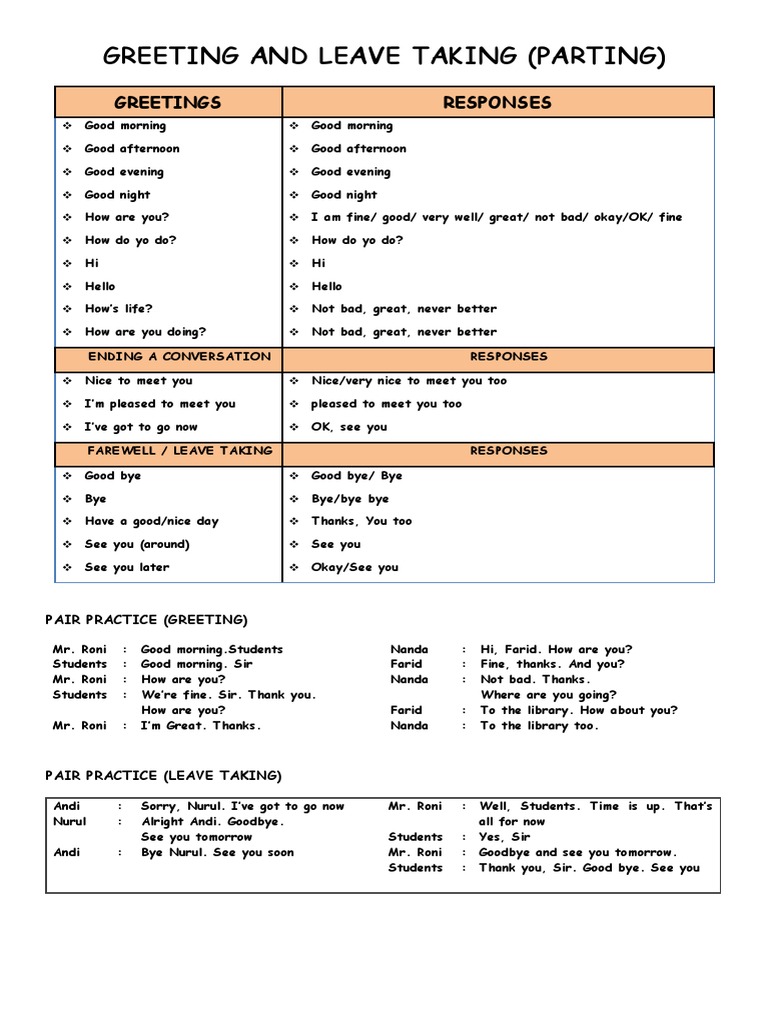 Greeting and Leave Taking (Parting) : Greetings Responses | PDF