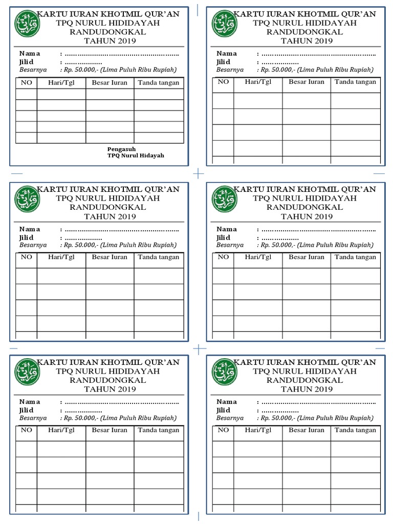 Kartu Iuran TPQ Nurul Hidayah | PDF