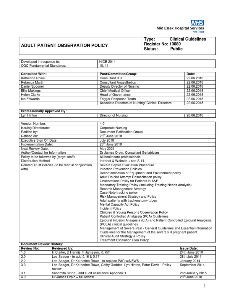 Adult Patient Observation Policy 4.0 | PDF | Coma | Emergency Department