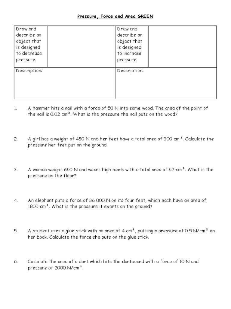 Pressure, Force, and Area Calculations | PDF | Pressure | Force