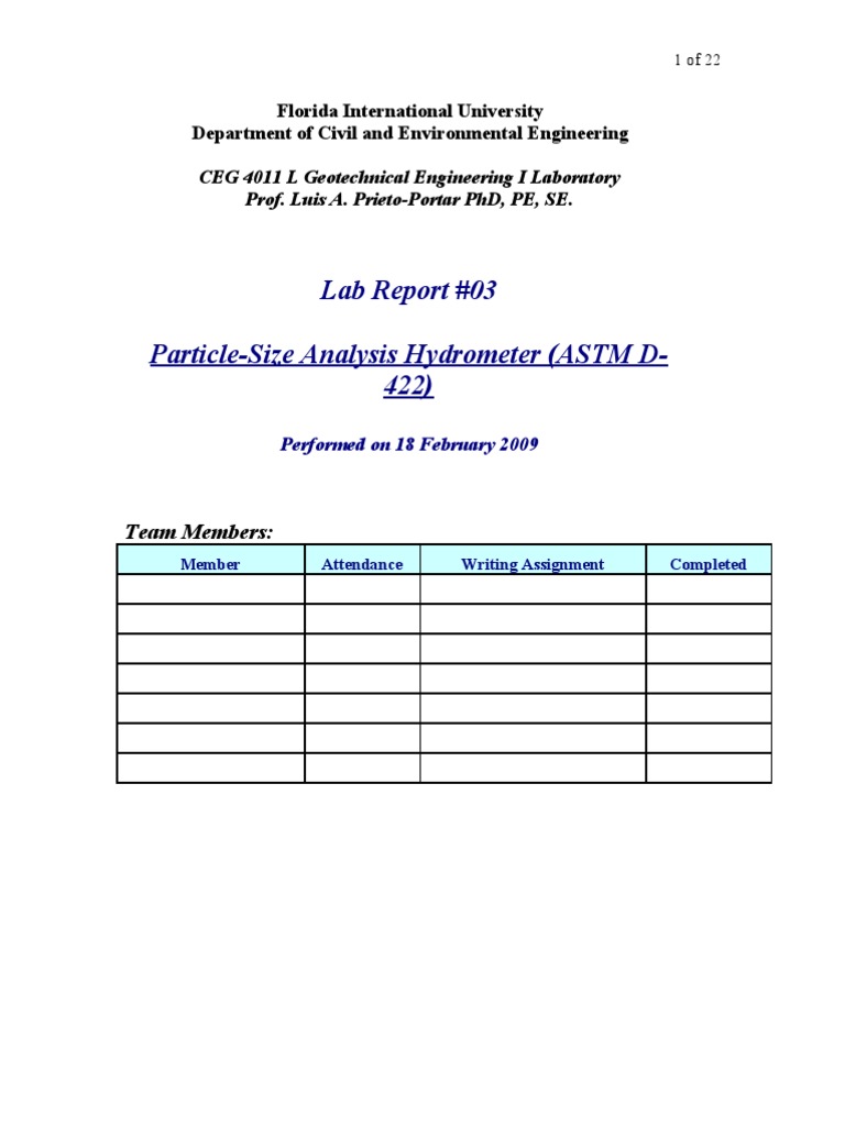Lab Report #03 Particle-Size Analysis Hydrometer (ASTM D-422) | PDF ...