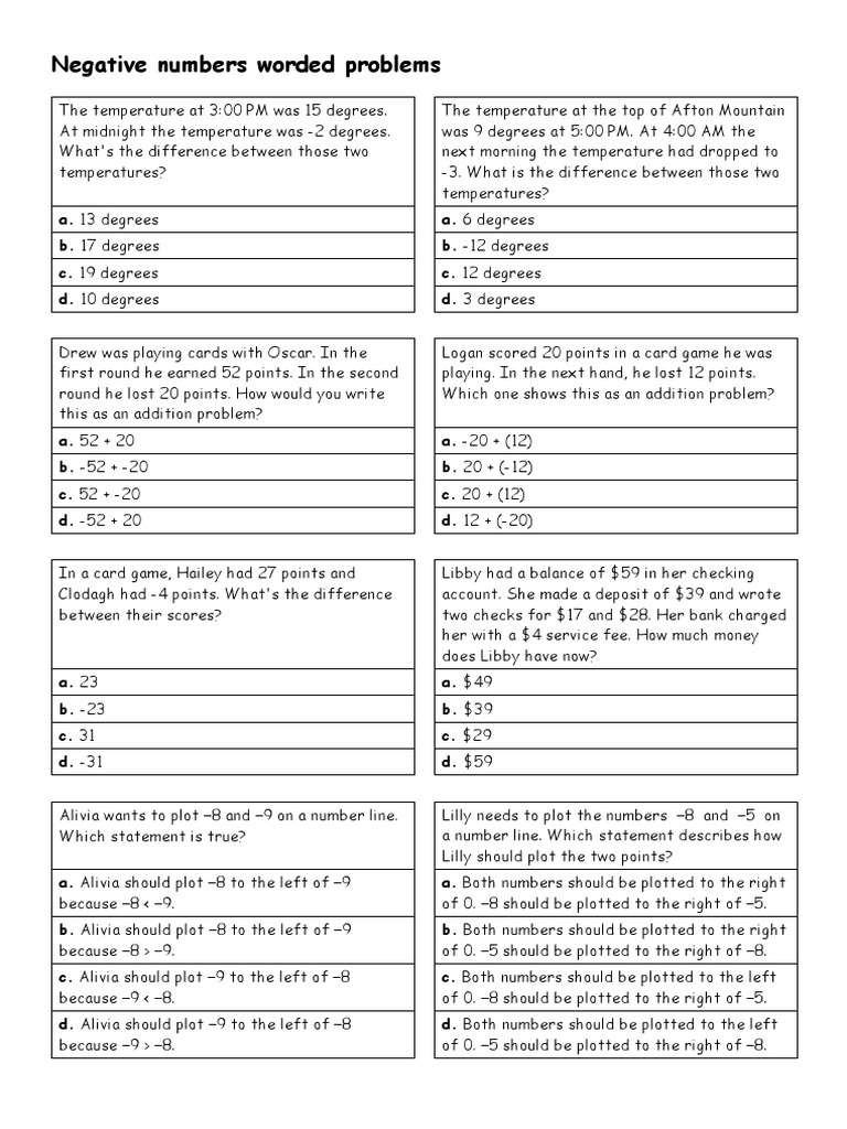 Negative Numbers Worded Problems | PDF | Banking | Financial Services
