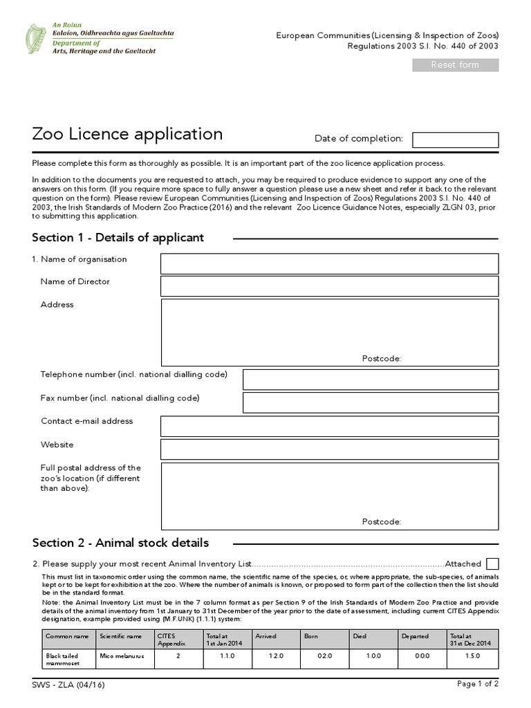 Zoo Licence Application: Section 1 - Details of Applicant | Download ...