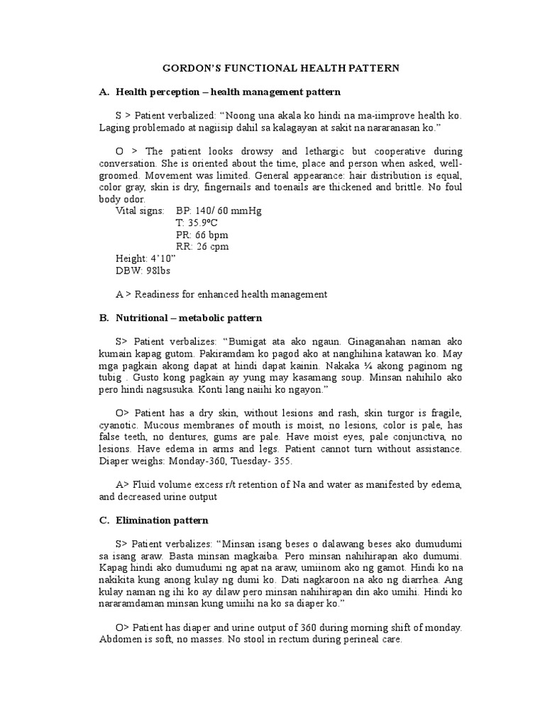 Gordon'S Functional Health Pattern A. Health Perception - Health ...